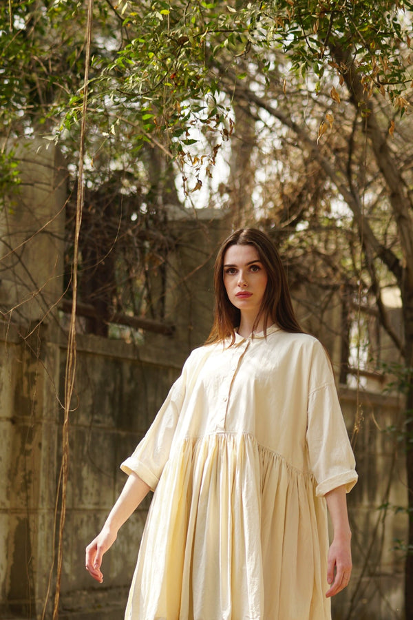 Edith Long Dress | Women's Cotton Twill Dress in Cream, Black & Polka