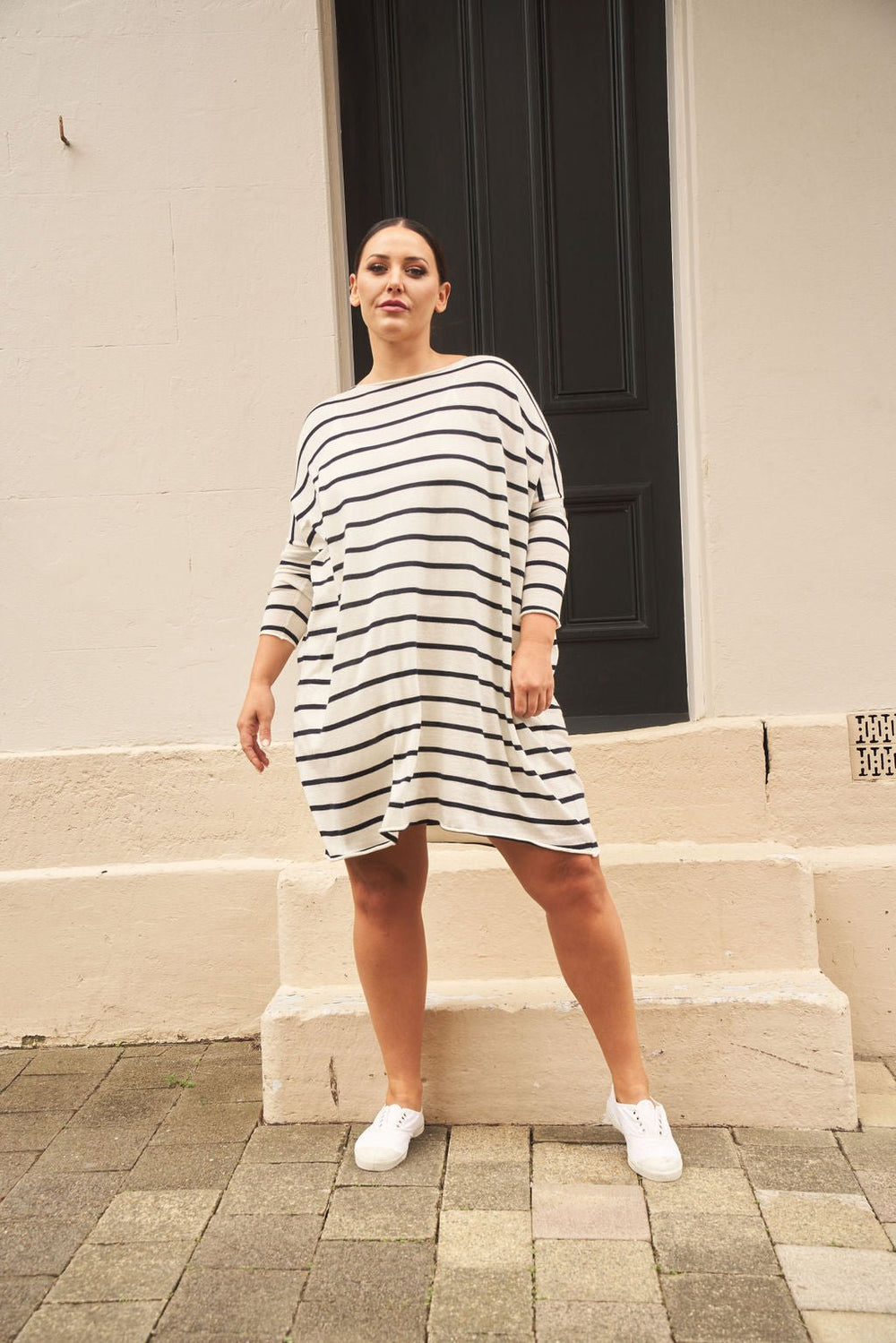 Emi - Women's Woollen Tunic Jumper | Cream | Black | Navy Stripe | Red