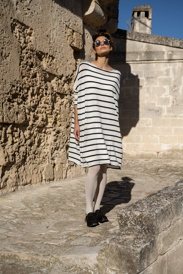 Emi - Women's Woollen Tunic Jumper | Cream | Black | Navy Stripe | Red