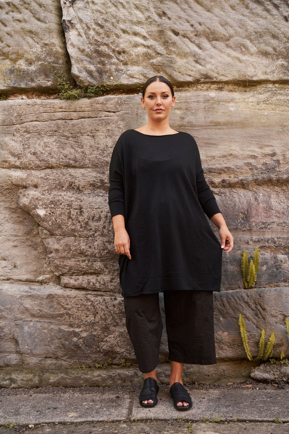 Emi - Women's Woollen Tunic Jumper | Cream | Black | Navy Stripe | Red