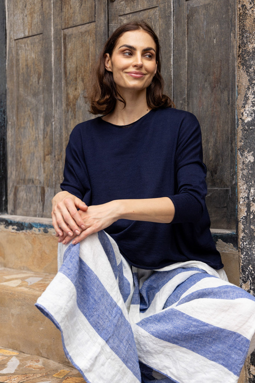 Emi - Women's Woollen Jumper | Cream | Black | Navy Stripe | Red