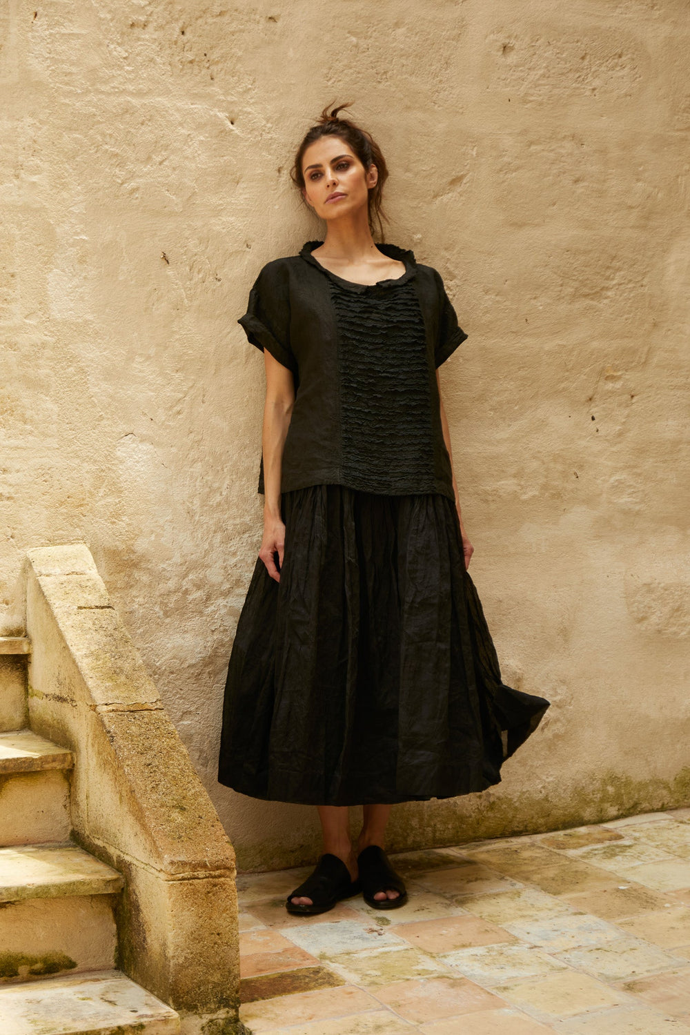 Luna - Women's Short Sleeve Linen & Lace Top | White | Black