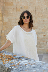 Luna - Women's Short Sleeve Linen & Lace Top | White | Black