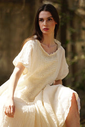 Luna - Women's Short Sleeve Linen & Lace Top | White | Black