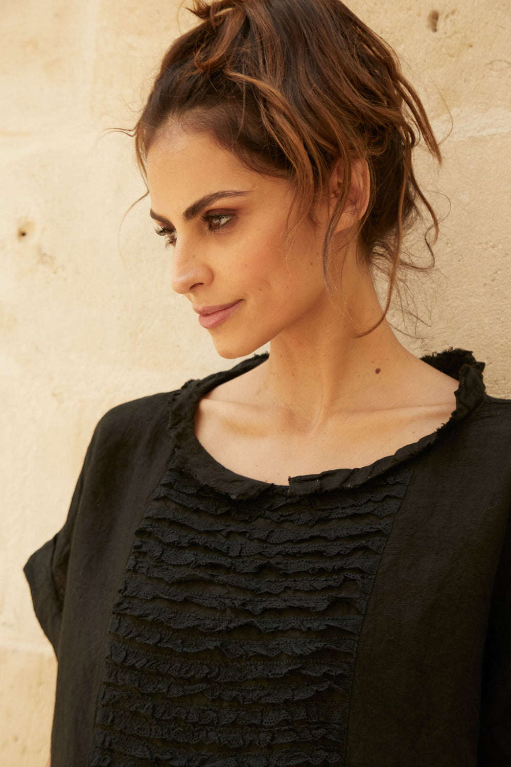 Luna - Women's Short Sleeve Linen & Lace Top | White | Black