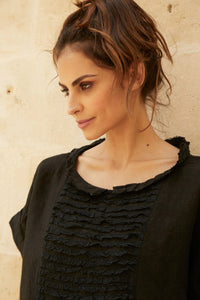 Luna - Women's Short Sleeve Linen & Lace Top | White | Black