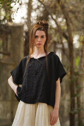 Luna - Women's Short Sleeve Linen & Lace Top | White | Black