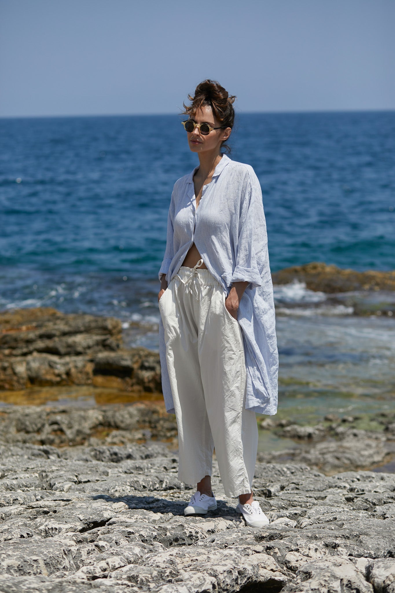 Piaf - Women's Long Linen Coat | Blue Pin Stripe